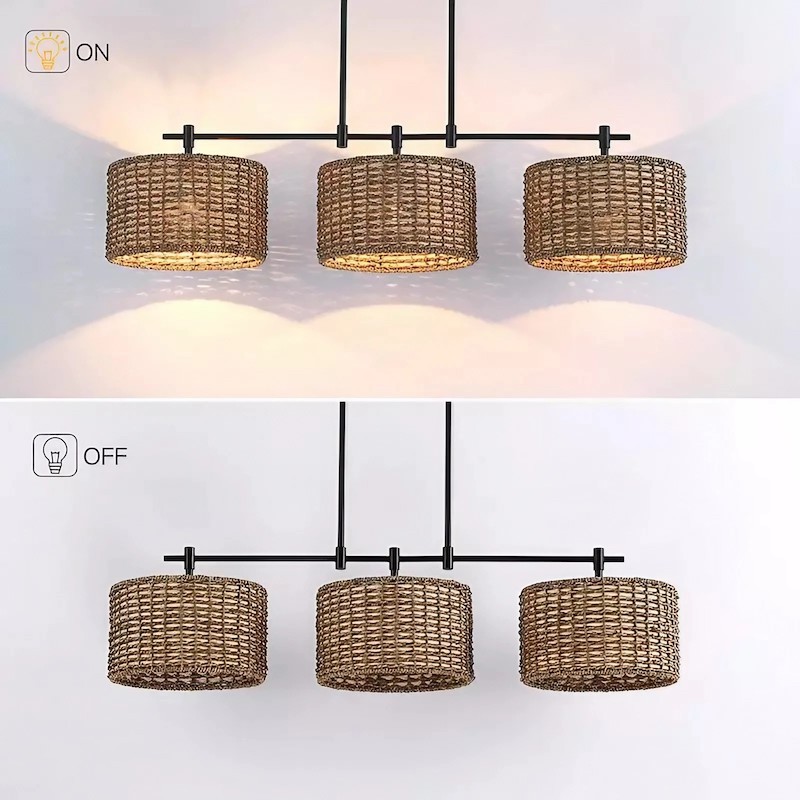 Lustre à tambour rustique 3 lumières en rotin | KIKI Lighting